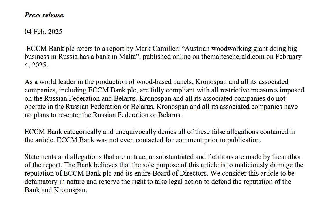 ECCM Bank sends a Right of Reply - The Maltese Herald