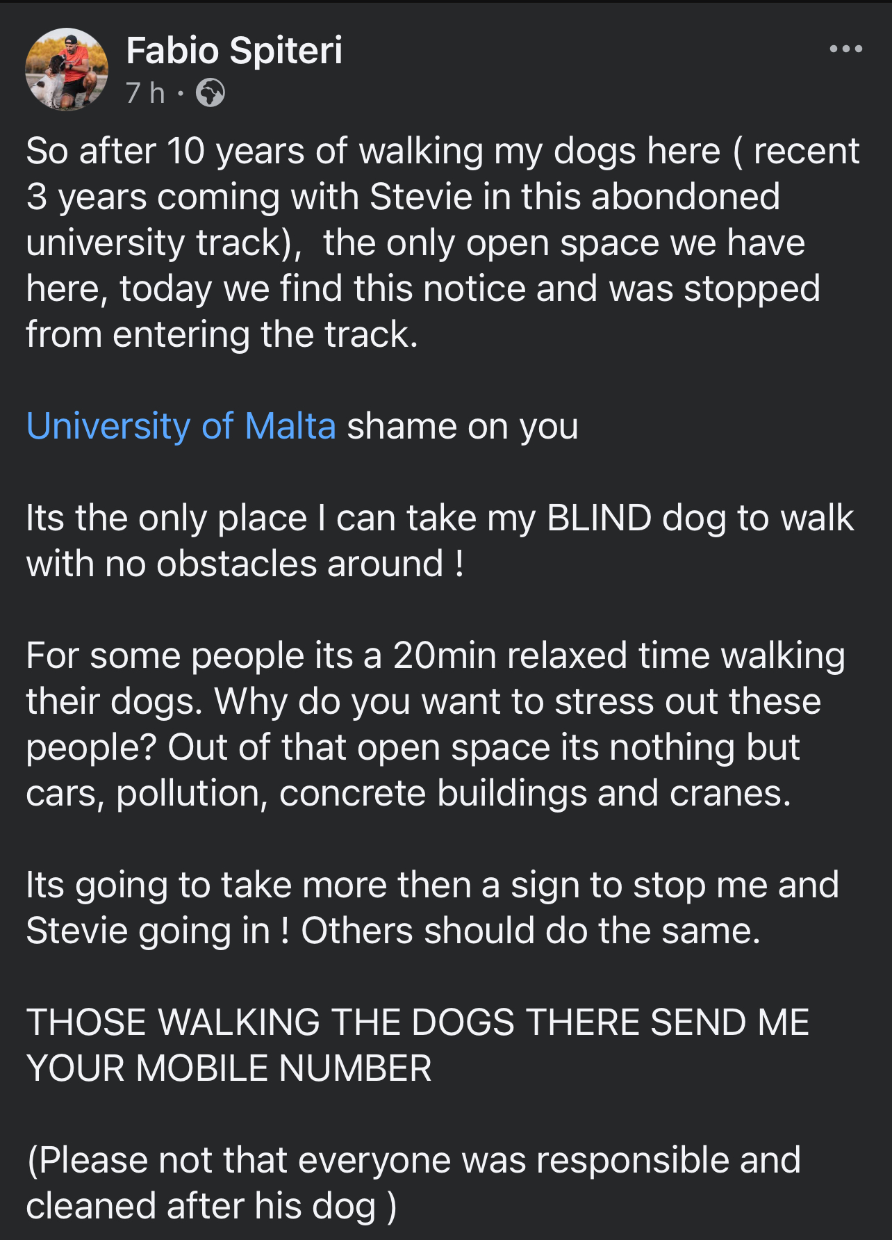 University of Malta blocks dog walkers from abandoned track, sparking ...